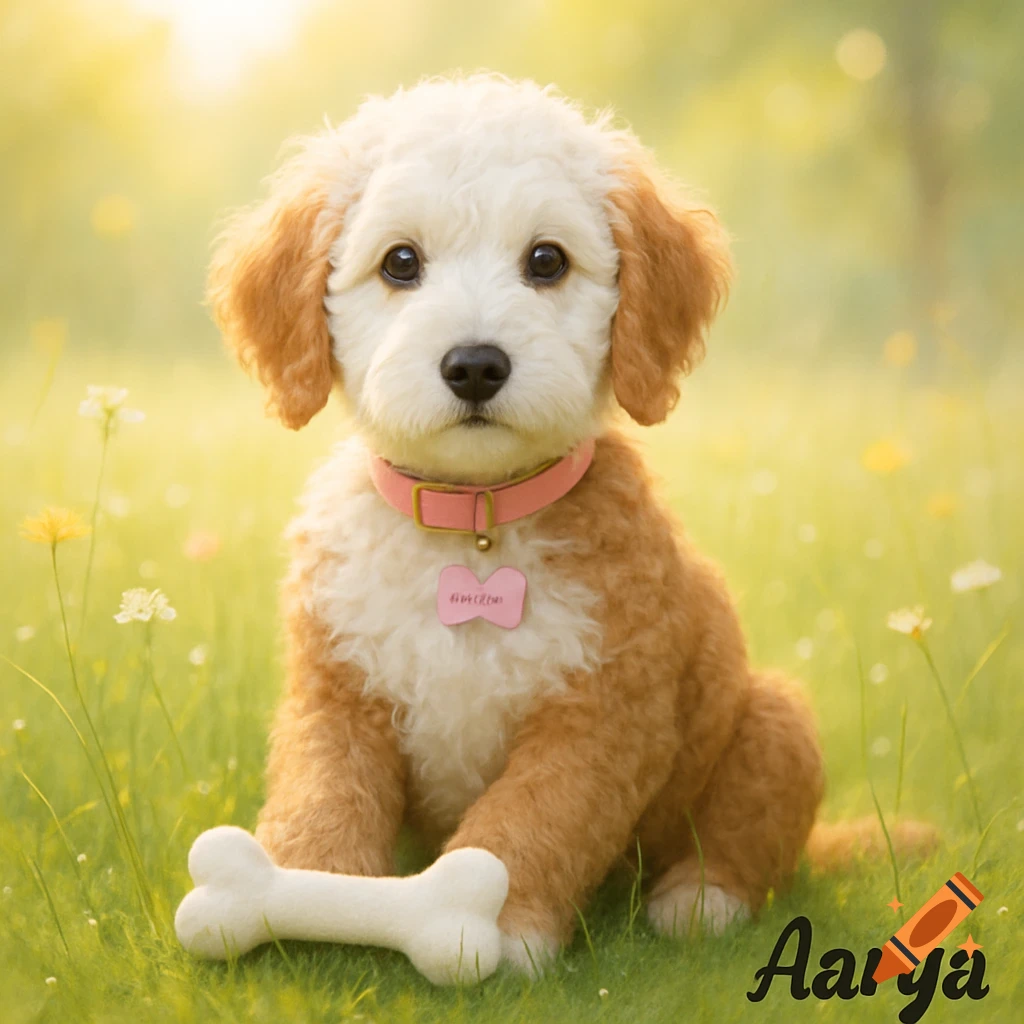 A cute brown and white labradoodle puppy sits in a green grassy field ...