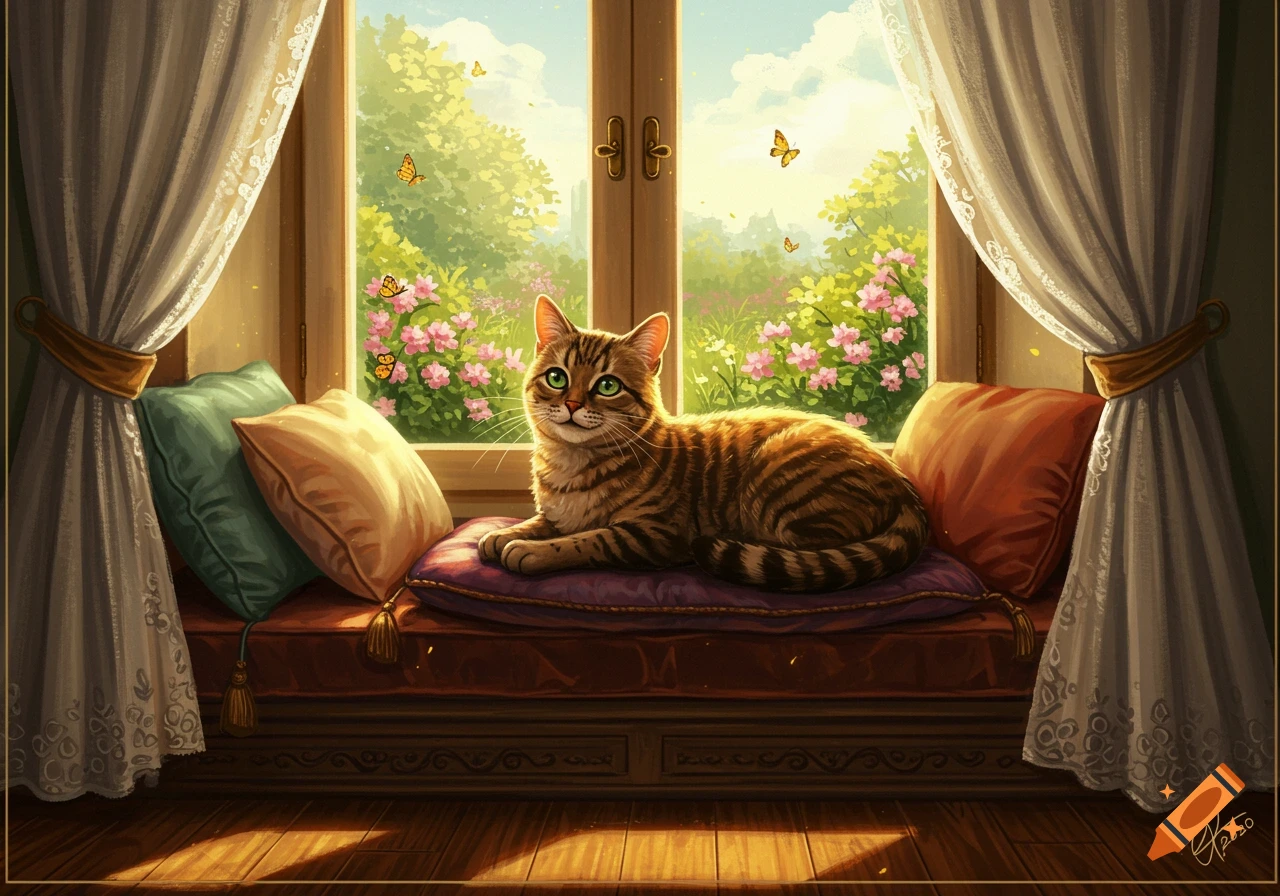 A cozy, warm illustration of an orange cat sleeping near a crackling ...