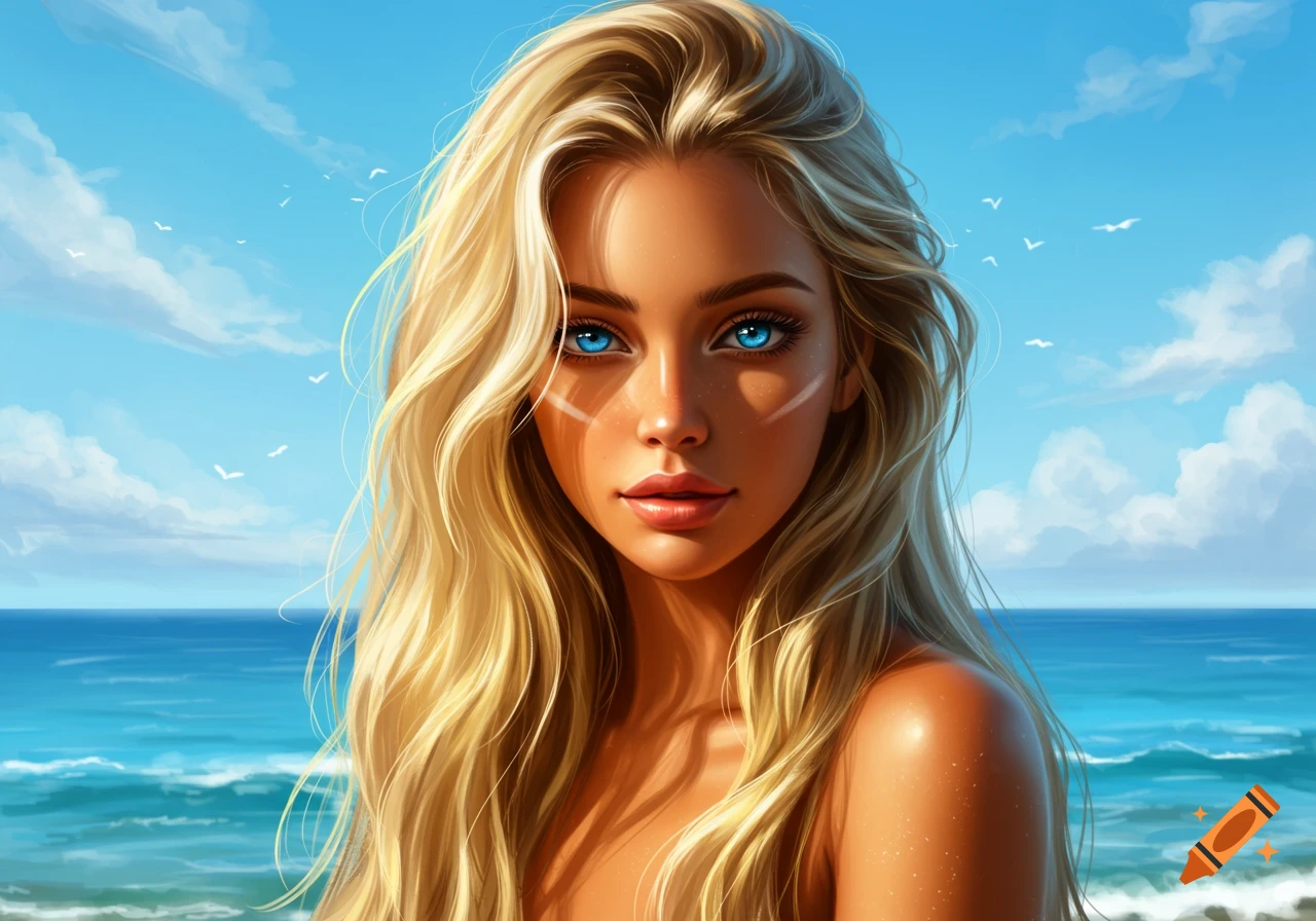 A woman in a swimsuit walks on a beach at sunset, silhouetted against the golden sky with palm ...