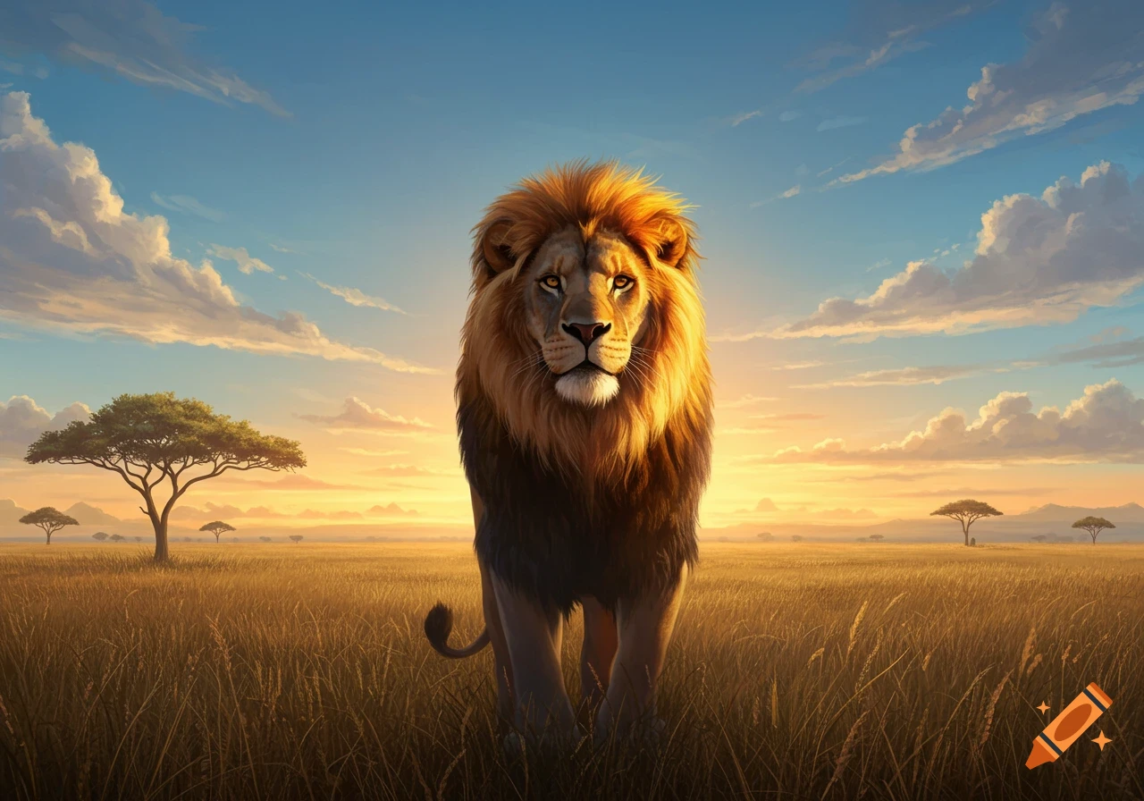 Majestic lion with a flowing mane adorned with feathers and beads, and ...