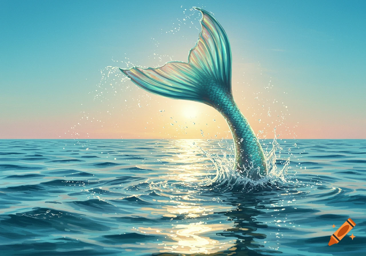 A vibrant blue and green mermaid tail splashes out of a sunlit ocean at ...