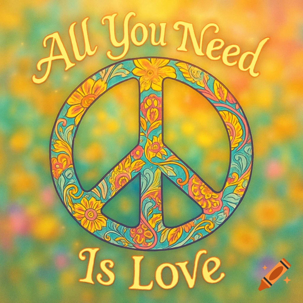 A vibrant, floral peace sign with the text 'All You Need Is Love' in a ...