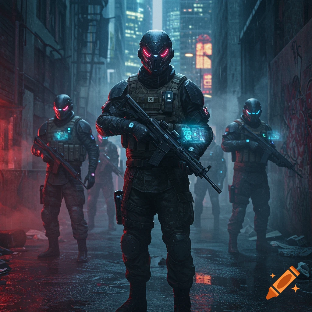 Image of armed men in a post apocalyptic town on Craiyon