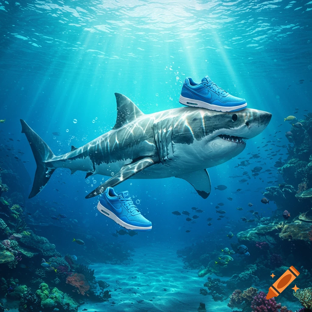 A blue Nike sneaker strapped to the back of a great white shark ...