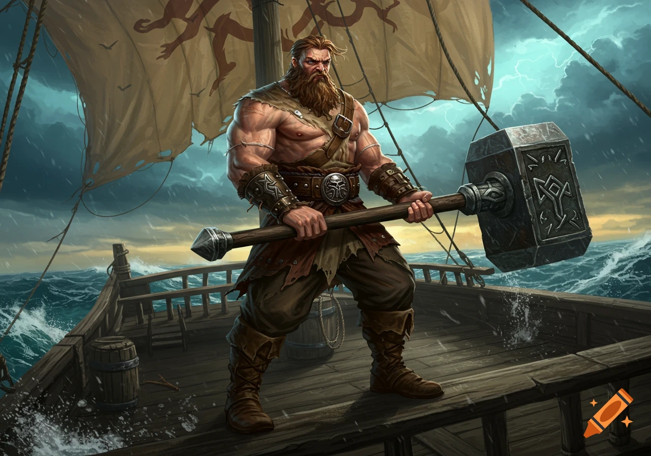 A muscular bearded medieval warrior holding a large warhammer stands on ...