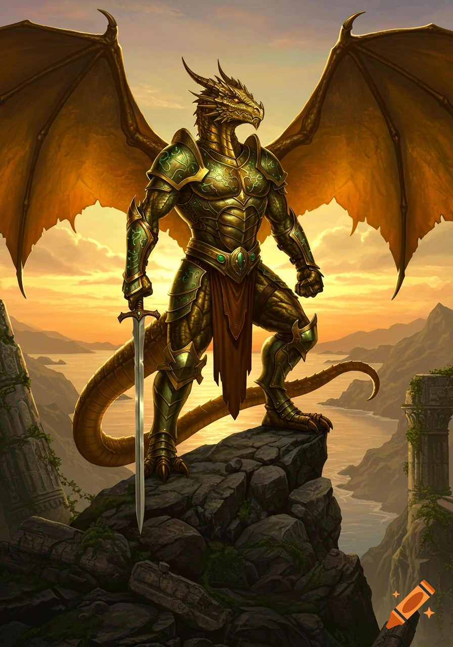 A majestic bronze half-dragon in ornate green and gold armor stands on ...