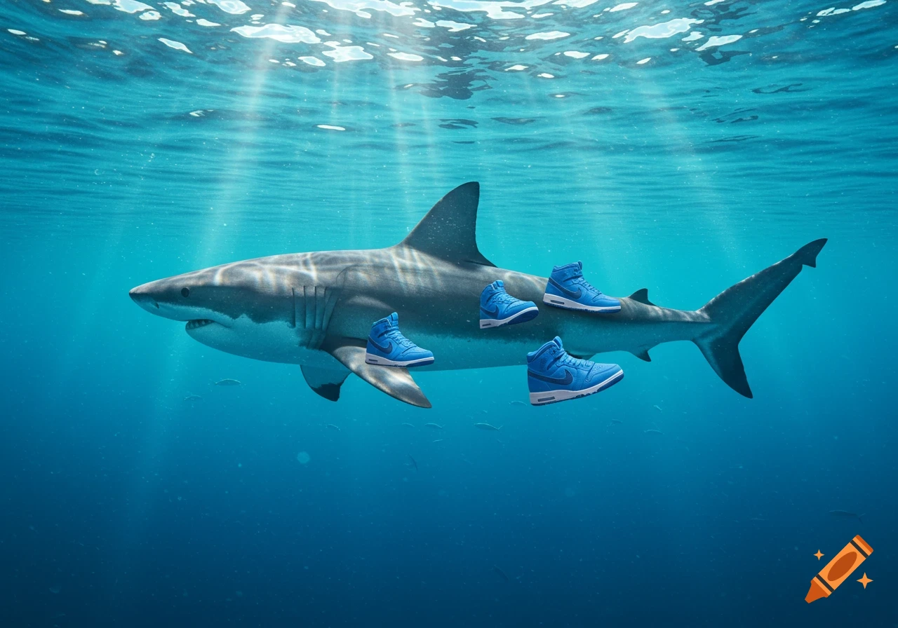 A great white shark swims underwater, holding three pairs of blue ...