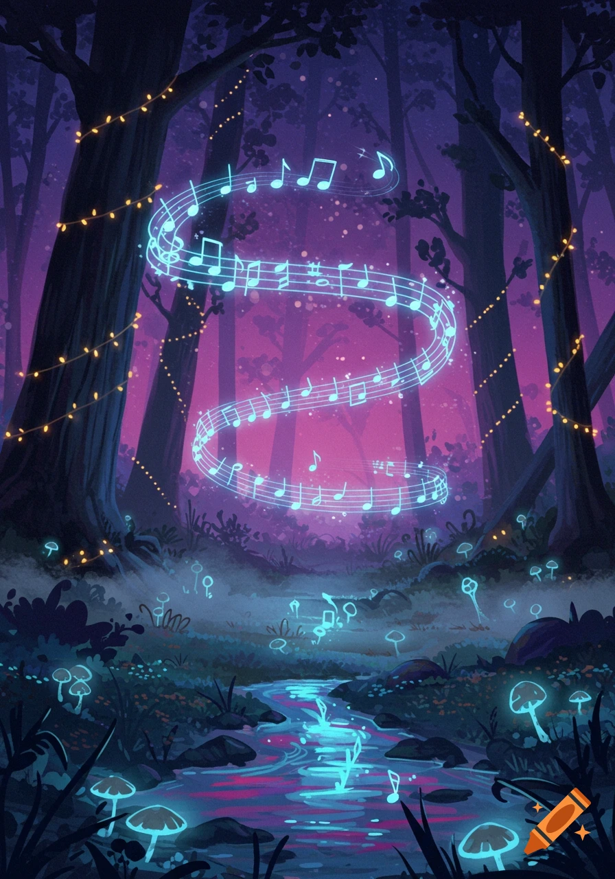 A magical, vibrant forest at night, with glowing blue musical notes ...