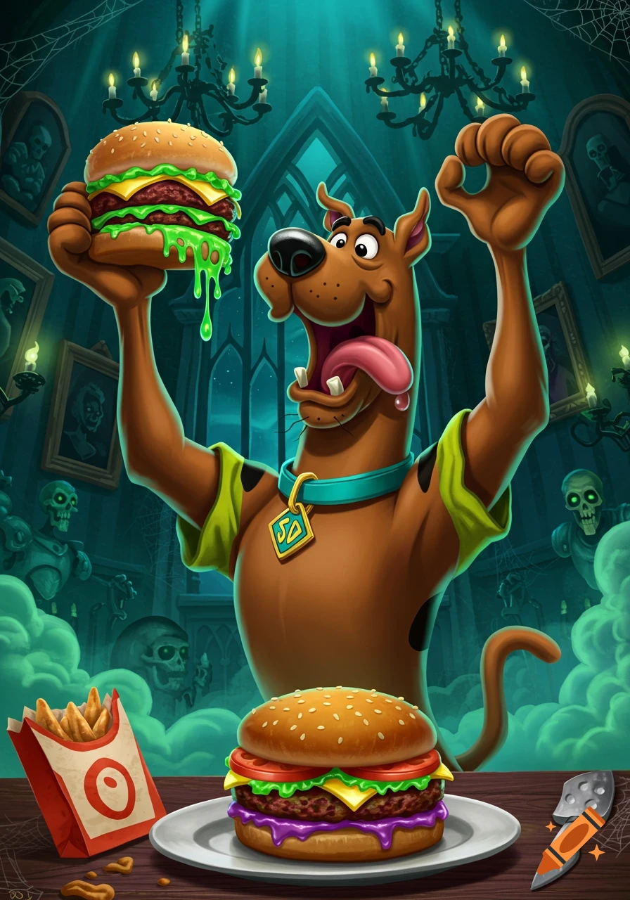 Scooby-Doo relaxing in a hot tub, flanked by tiki statues under a ...