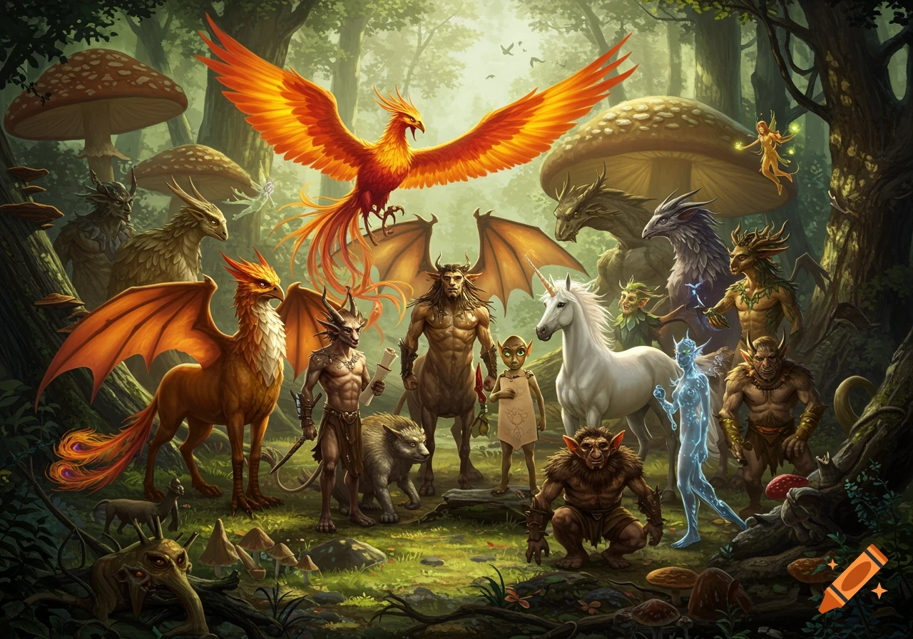 A large group of diverse mythical creatures, including a phoenix, griffin, unicorn, satyr ...