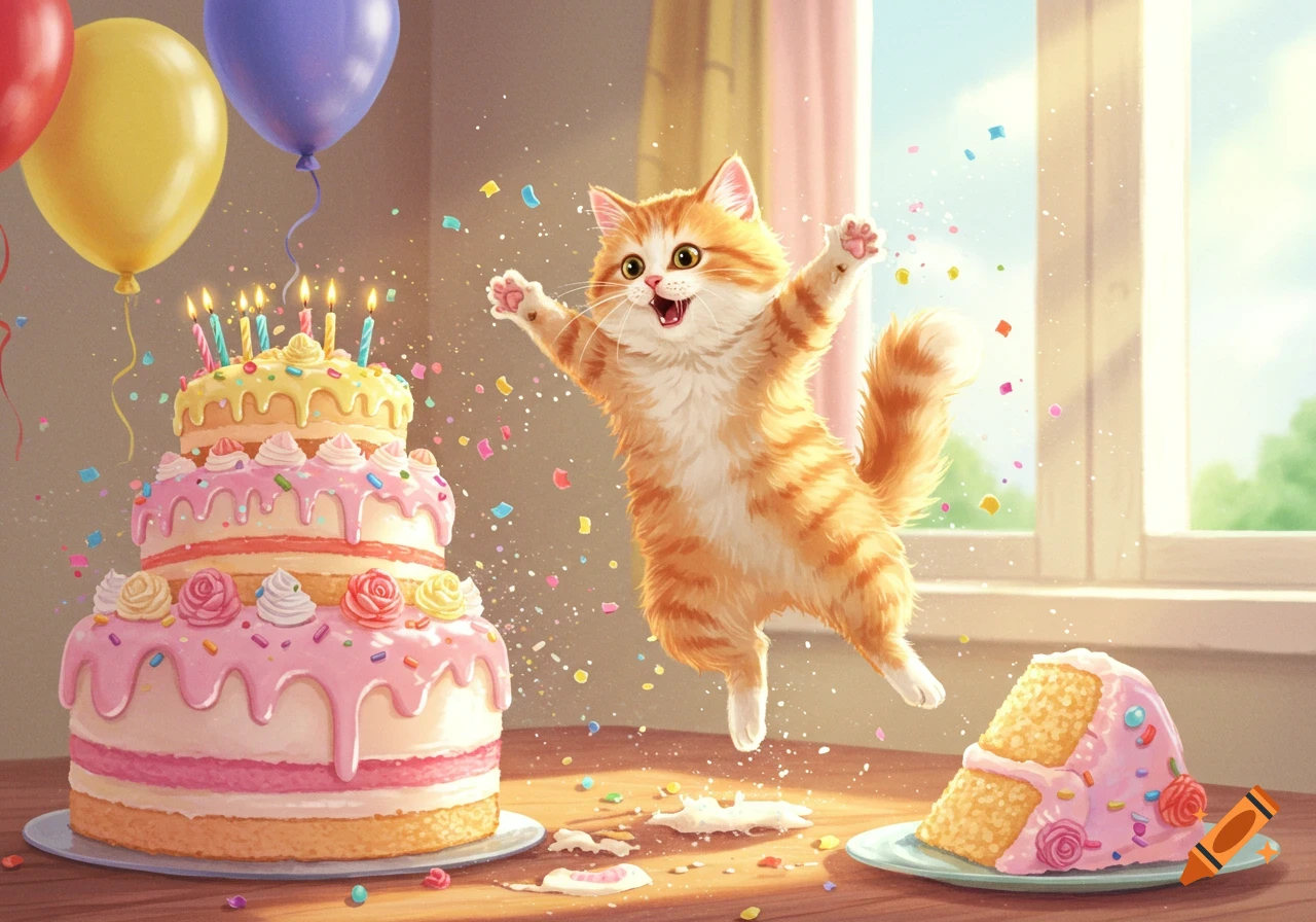 An adorable orange tabby cat jumps excitedly next to a tiered birthday cake with candles and ...