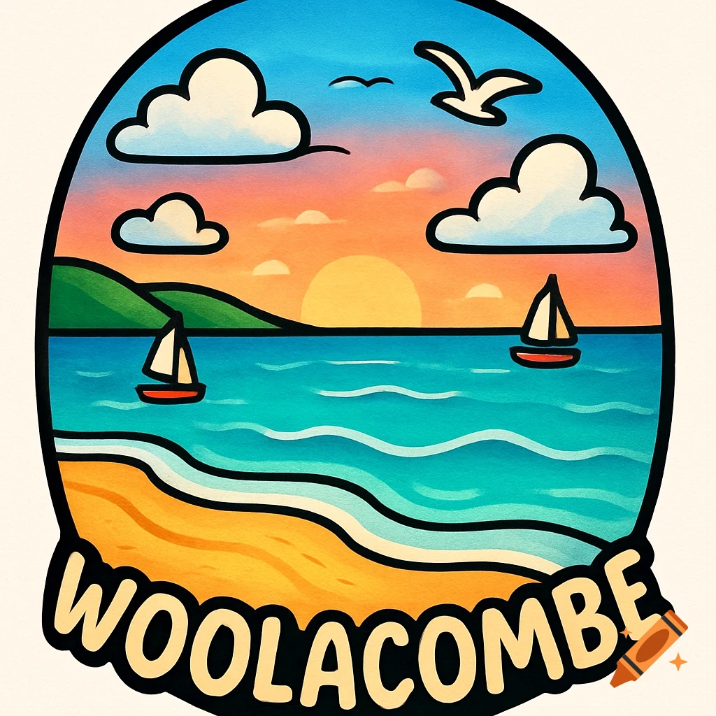 Cartoon oval beach icon with sunset, sailboats, and the word WOOLACOMBE ...