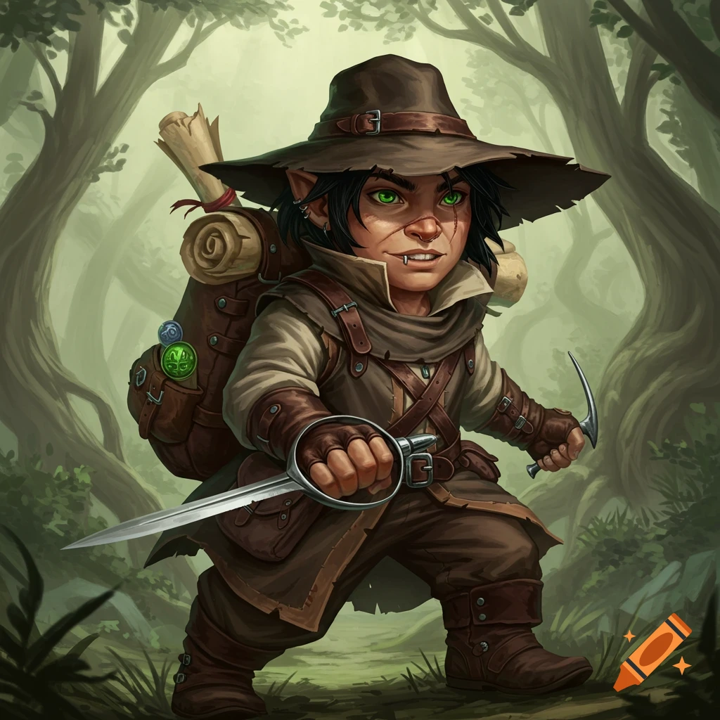 A cartoonish halfling archeologist with green eyes, a brown hat, and a ...