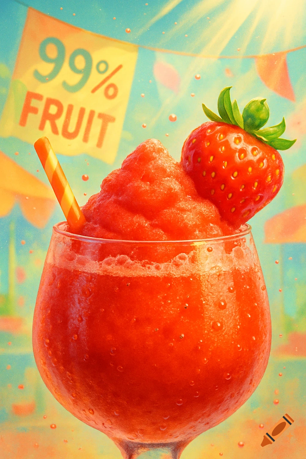 Vibrant image of a red strawberry slushy with a strawberry and straw ...