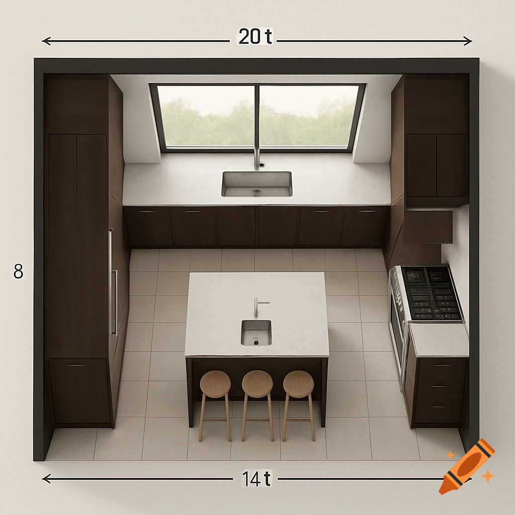 A top-down architectural rendering of a U-shaped kitchen with dark wood ...