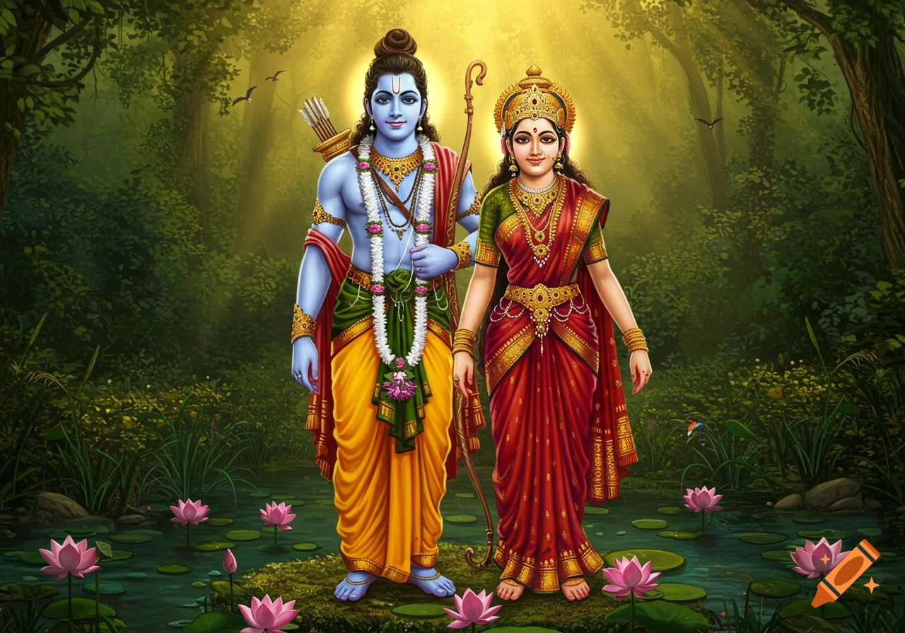 Lord Rama and Goddess Sita in traditional attire stand in a vibrant ...