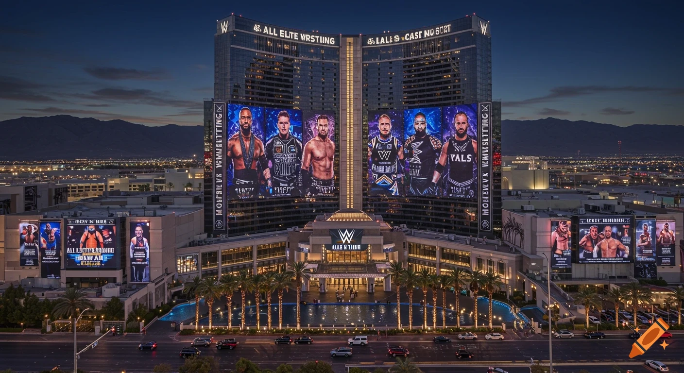 A large, modern hotel and casino resort in Las Vegas at dusk, with ...