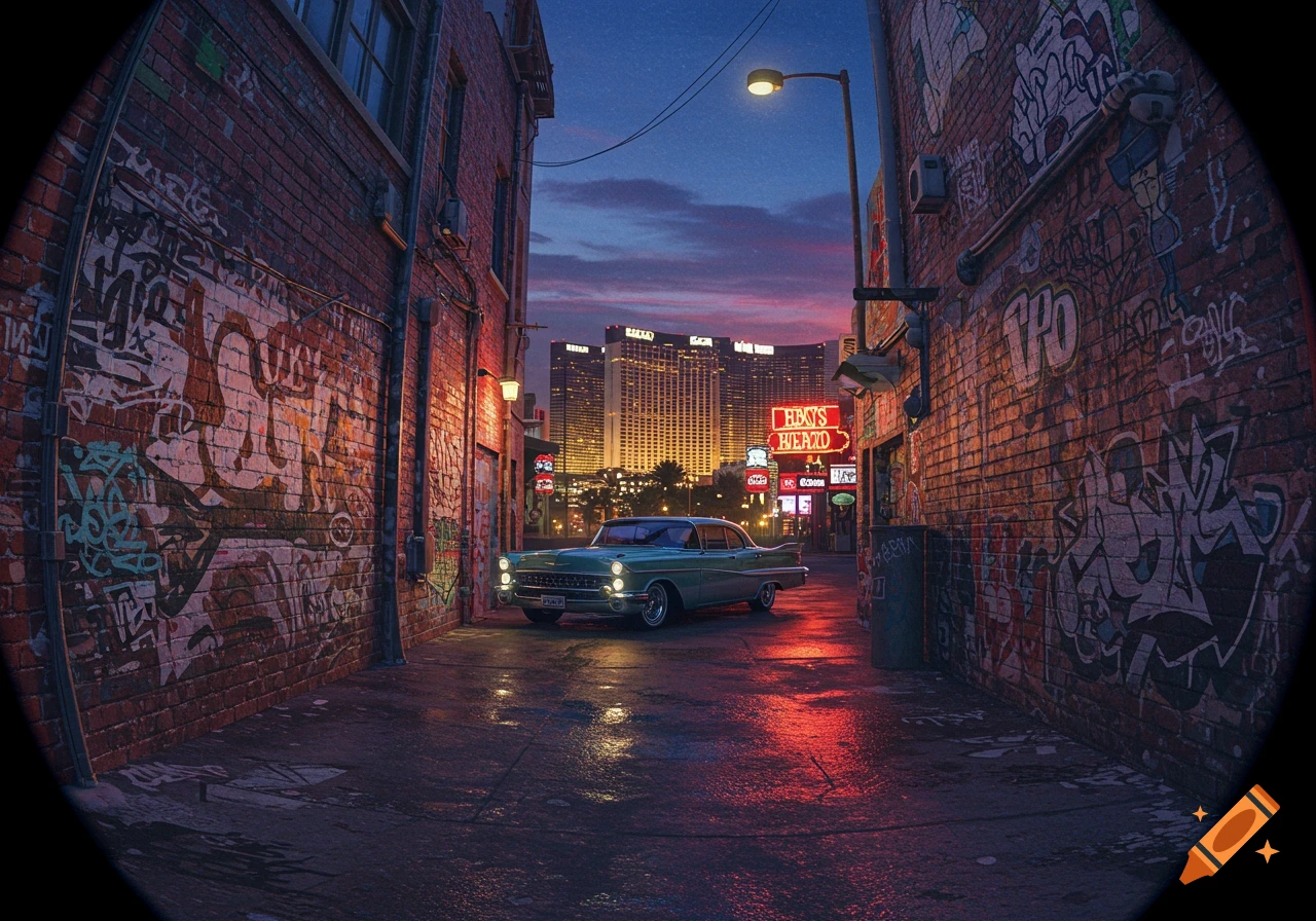 A classic car in a graffiti-filled alleyway with a cityscape in the ...