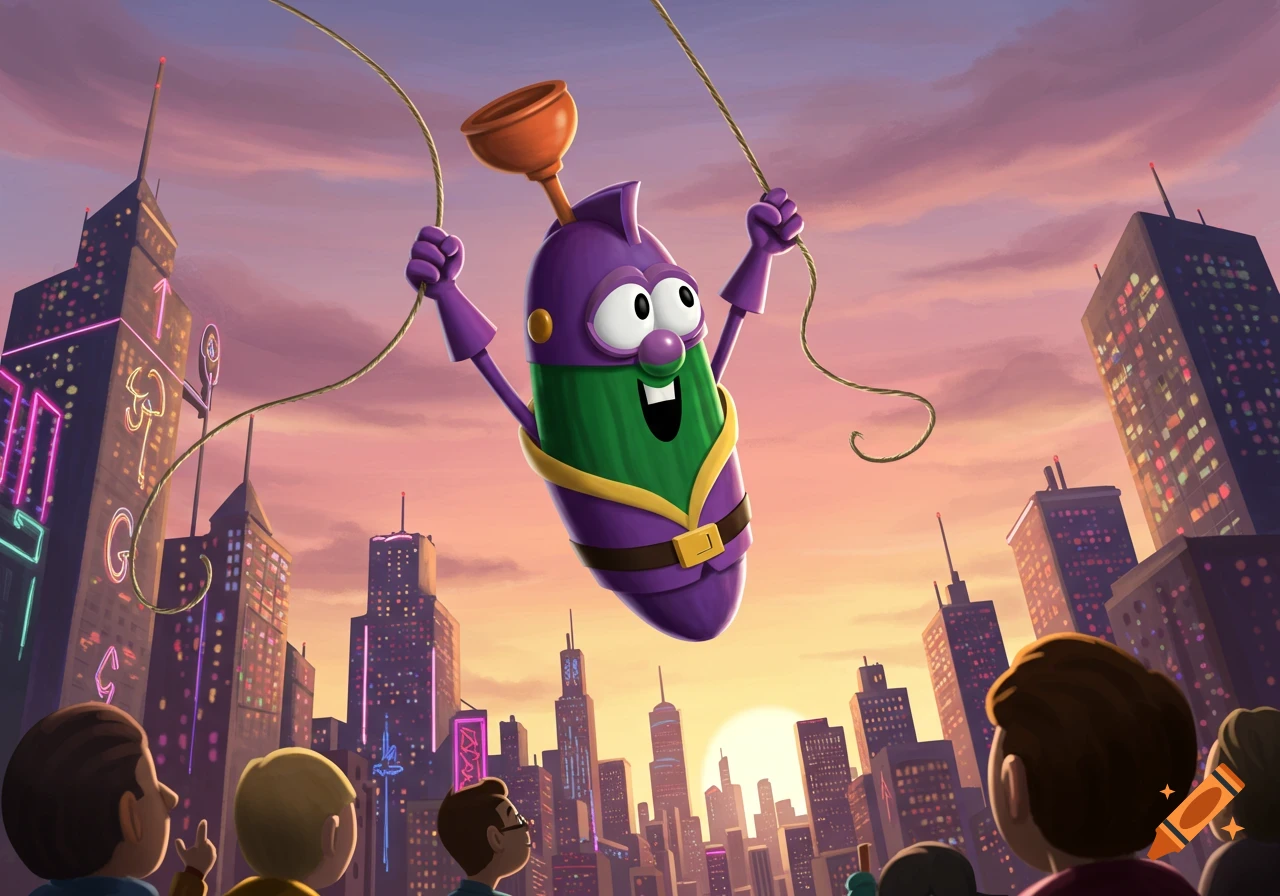 LarryBoy, a cartoon cucumber superhero with a plunger on his head ...