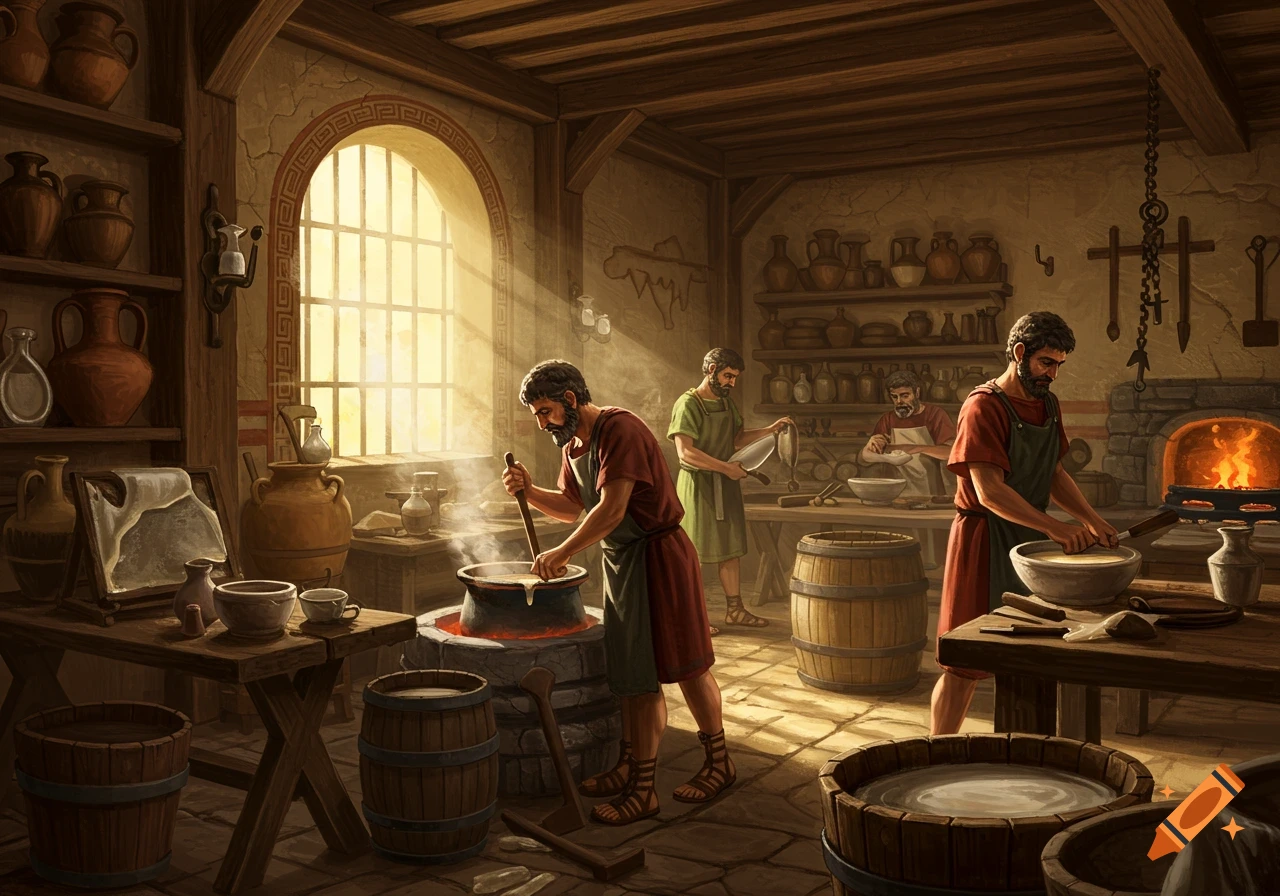 Roman craftsmen work in a sunlit ancient workshop, stirring pots and ...