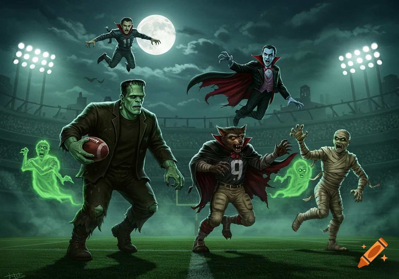 Illustrated image of classic monsters like Frankenstein, Dracula, a ...