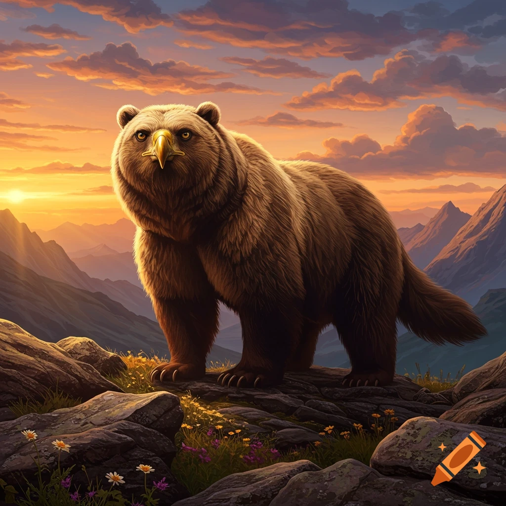 Close-up of a grizzly bear with scars on its face against a green ...