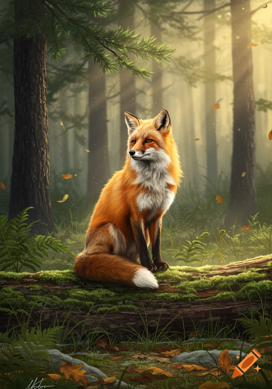 A beautiful red fox with white chest fur stands alert in a vibrant, sun ...