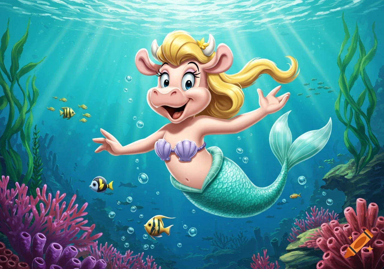 Cartoon boy with pink hat and mermaid tail swims happily underwater ...