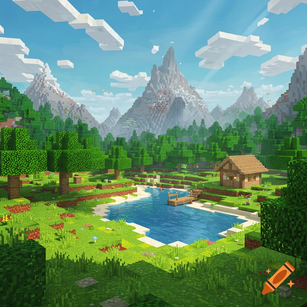 A vibrant Minecraft fantasy landscape with towering blocky castles ...