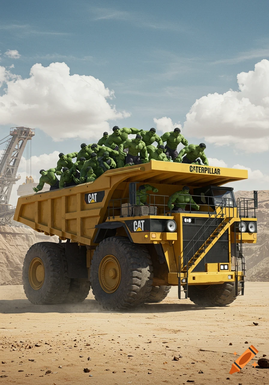 Photorealistic image of many green Hulks climbing on and inside a large ...