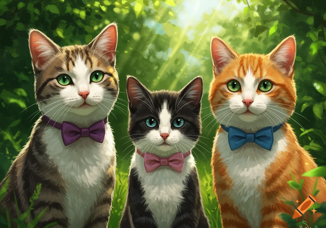 A cartoon golden retriever and tabby cat sit on a park bench, happily eating ice cream cones ...