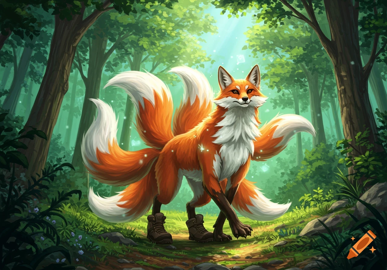 A cute, gray wolf character with blue eyes stands in a sunny, verdant ...
