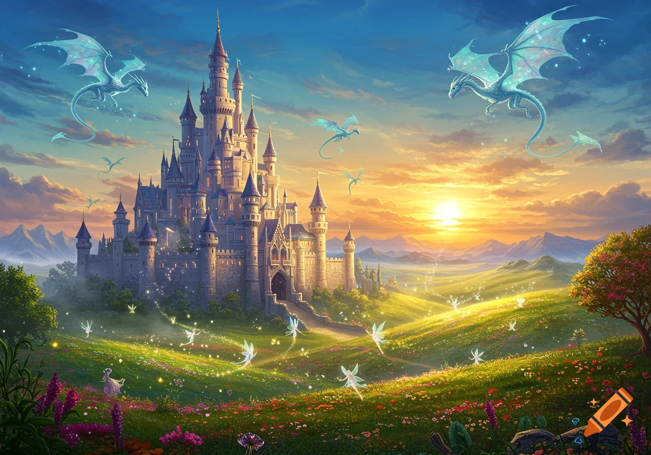 A magical castle stands tall in a vibrant fantasy landscape at sunset ...