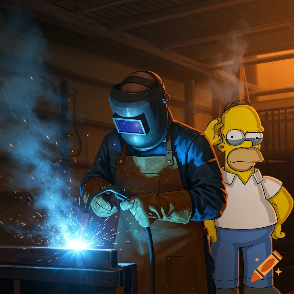 A welder with safety gear creates bright sparks and smoke, with Homer ...