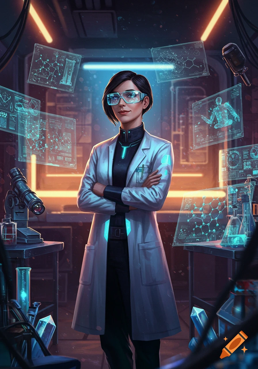 A smiling woman with curly hair and glasses in a lab coat stands in a ...