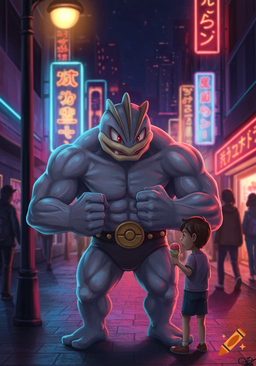 A muscular Machamp stands on a neon-lit city street at night, watching ...