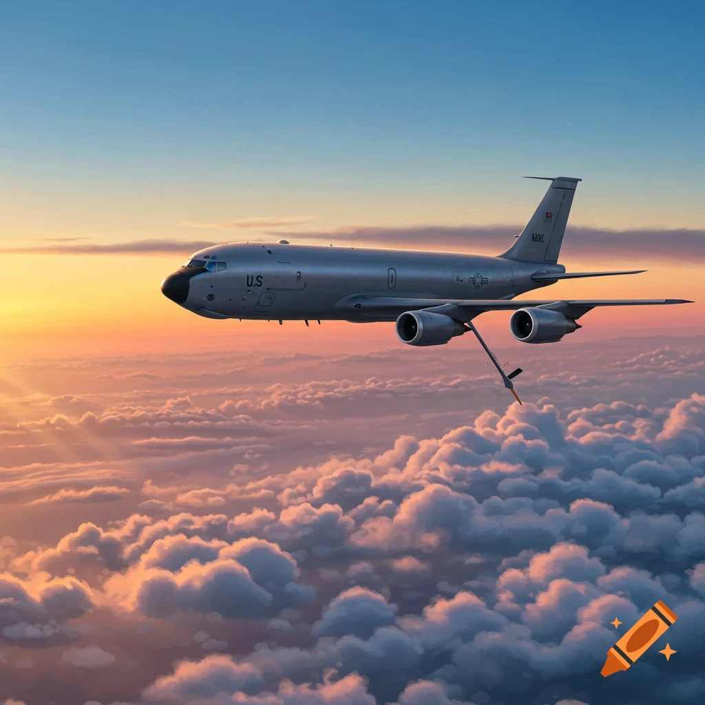 A photorealistic image of a US Air Force KC-135 refueling tanker flying ...
