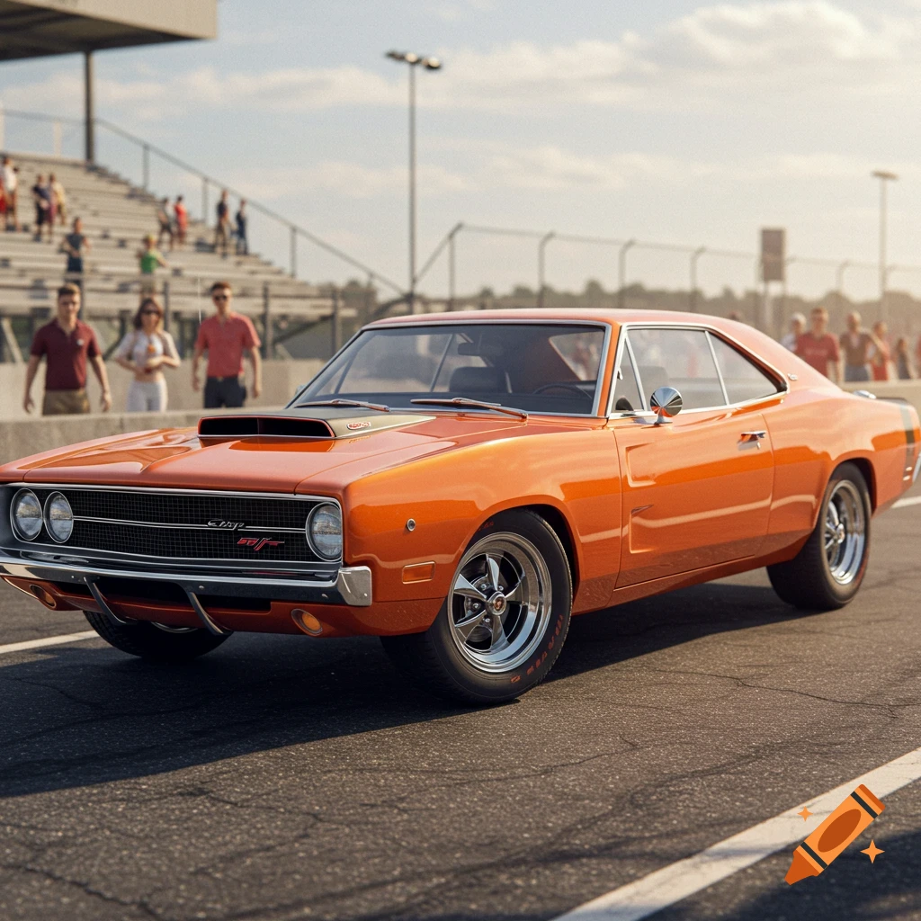 Photorealistic image of a glossy orange 1968-1970 Dodge Charger muscle ...