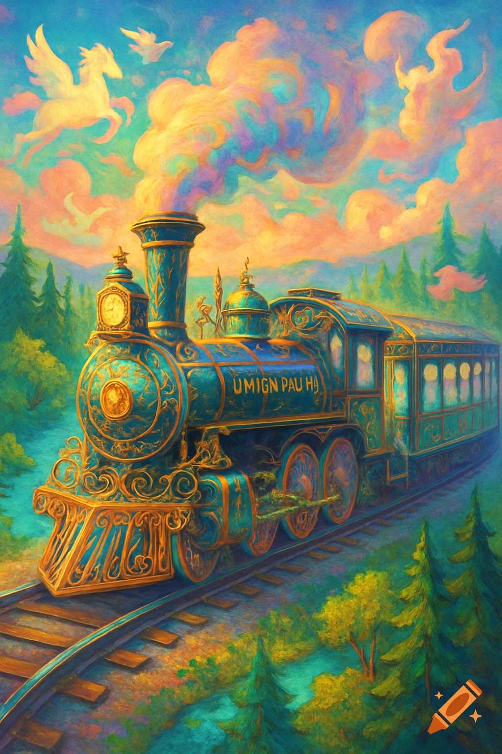 A hand-painted, nostalgic style image of a festive train with 'BELIEVE ...