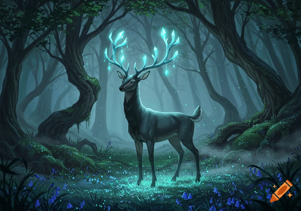 A majestic deer with antlers stands in a magical, dark blue forest with ...