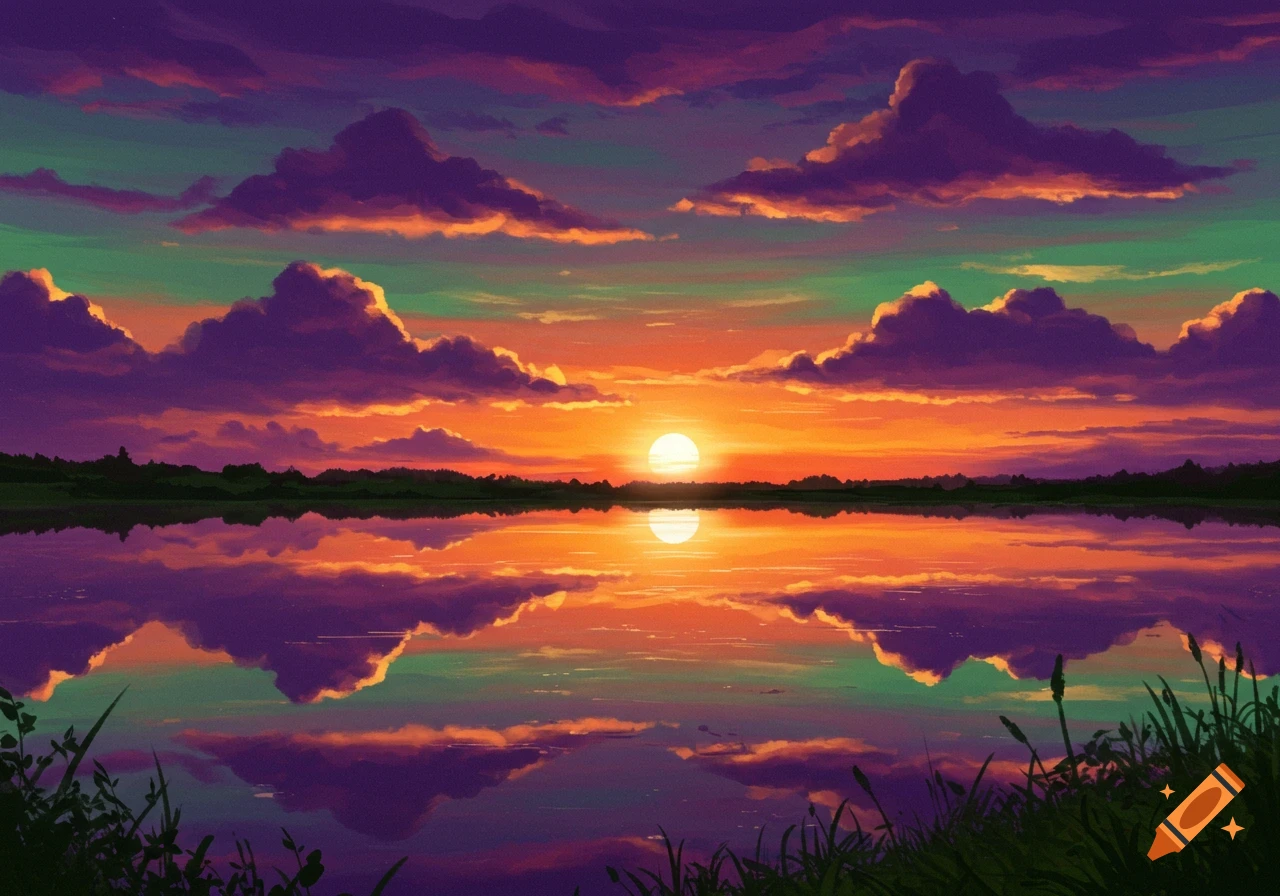 A vibrant sunset over a calm lake, with colorful clouds in purple ...