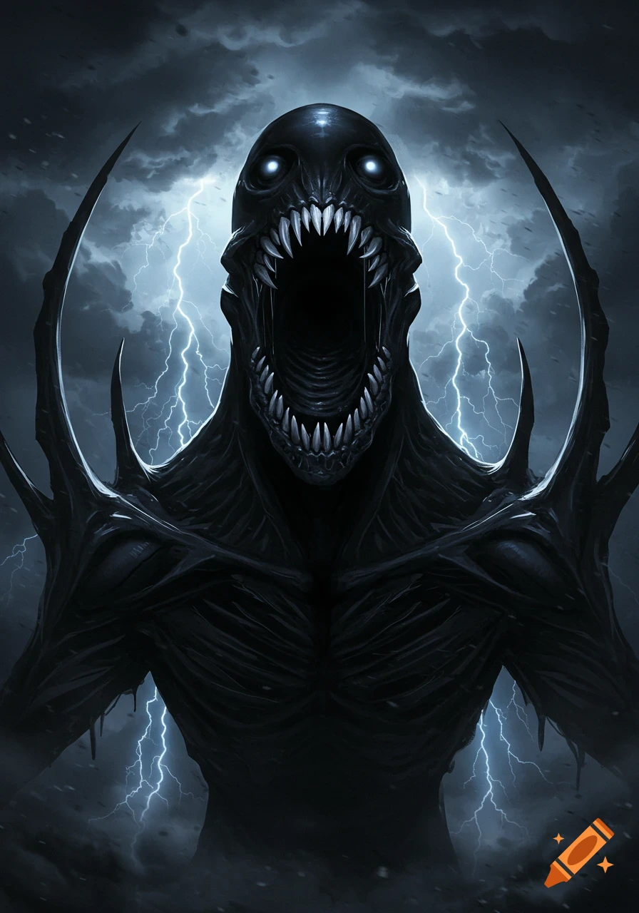 A terrifying jet black monster with glowing white eyes and a wide, toothy maw resembling an open ...