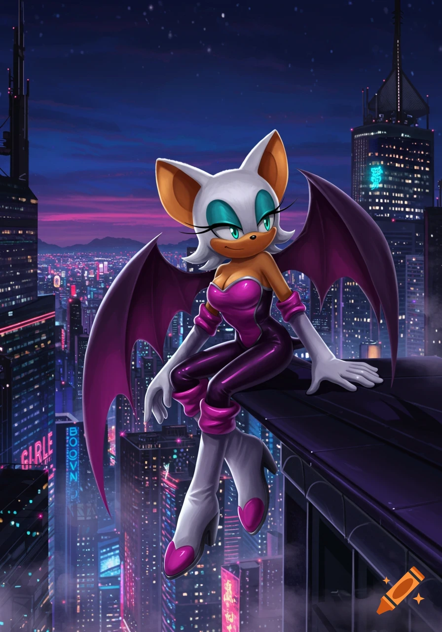 Rouge the Bat in a magenta bodysuit with large bat wings, standing on a ...