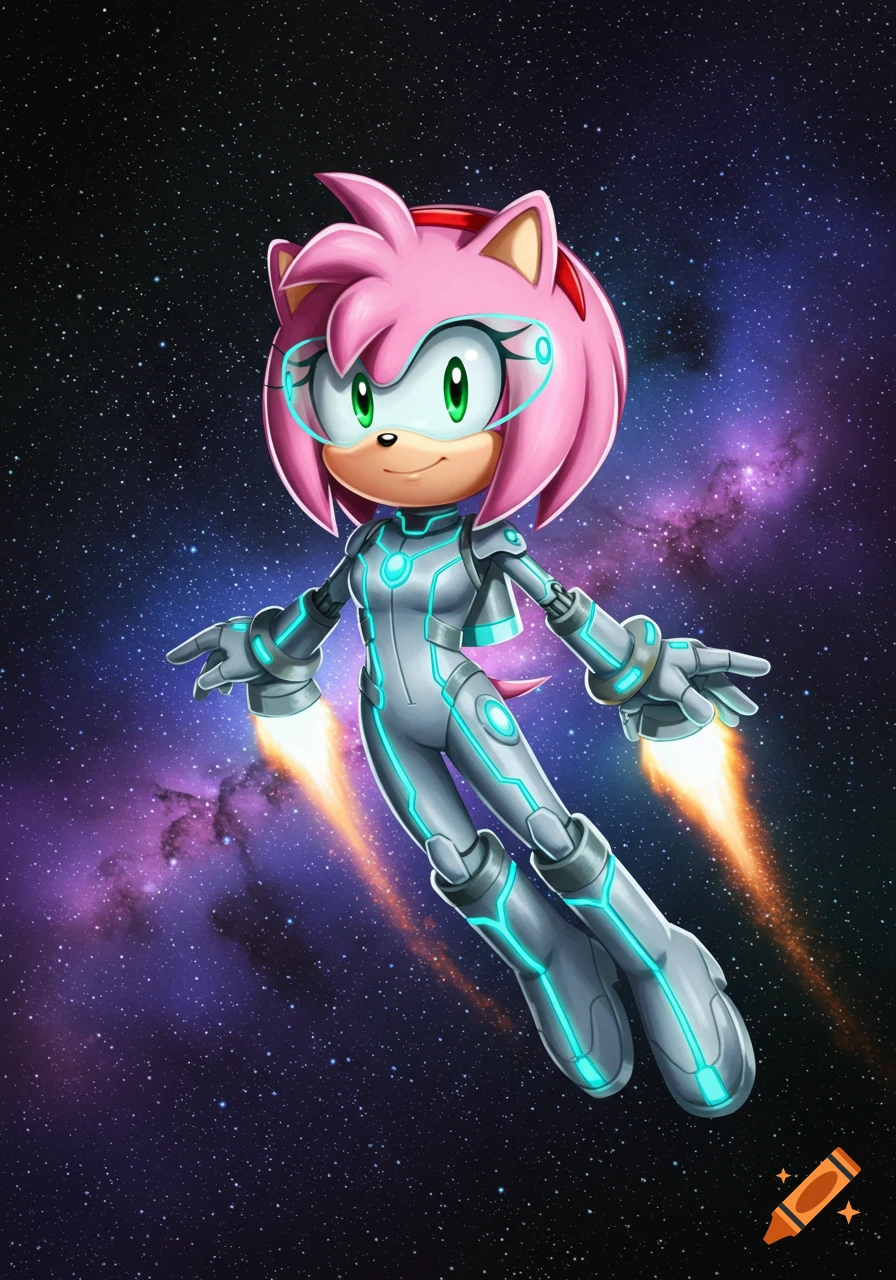 Amy Rose the Hedgehog glows, floating in space surrounded by colorful ...
