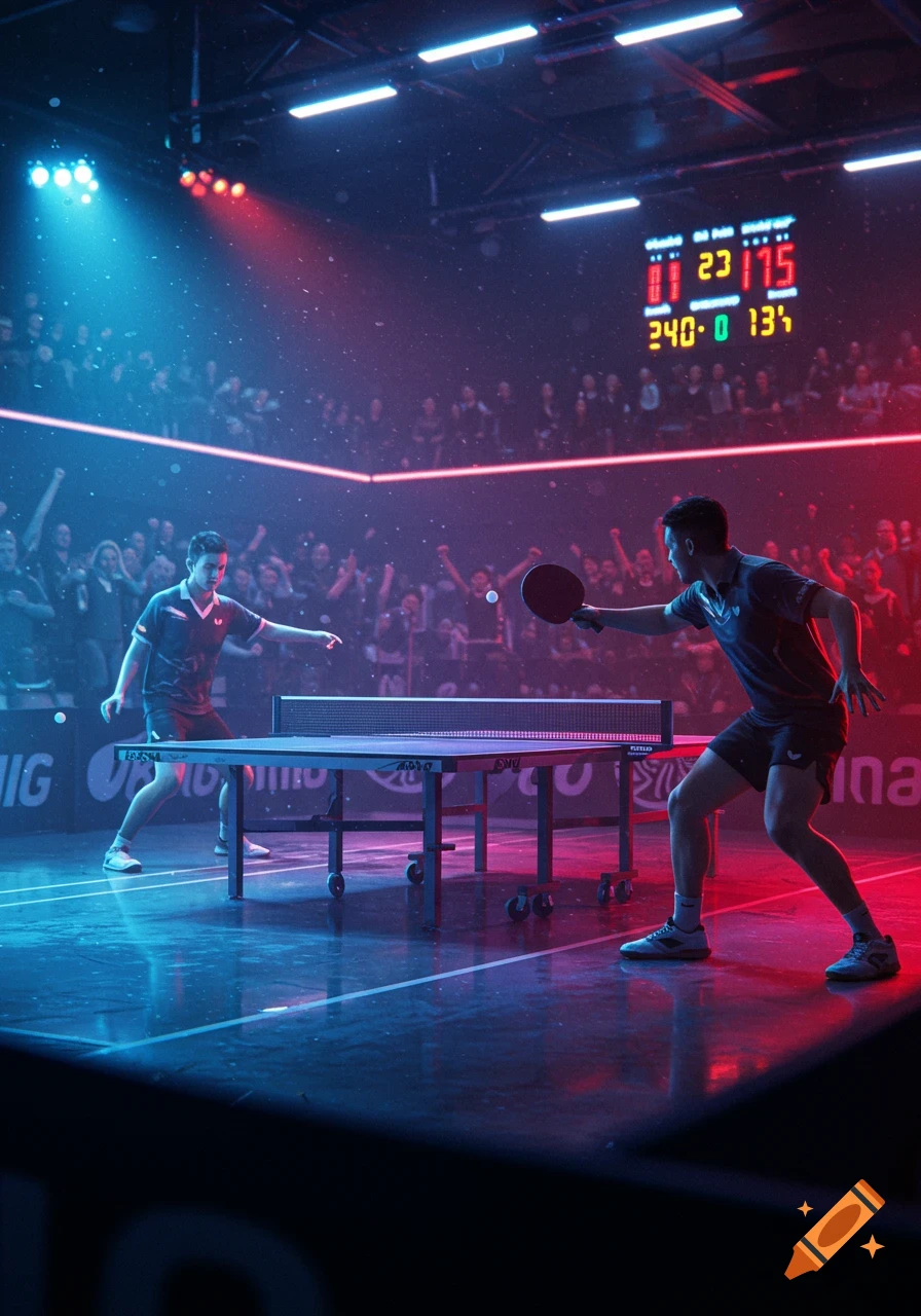 A dynamic shot of two men playing table tennis in a brightly lit arena ...