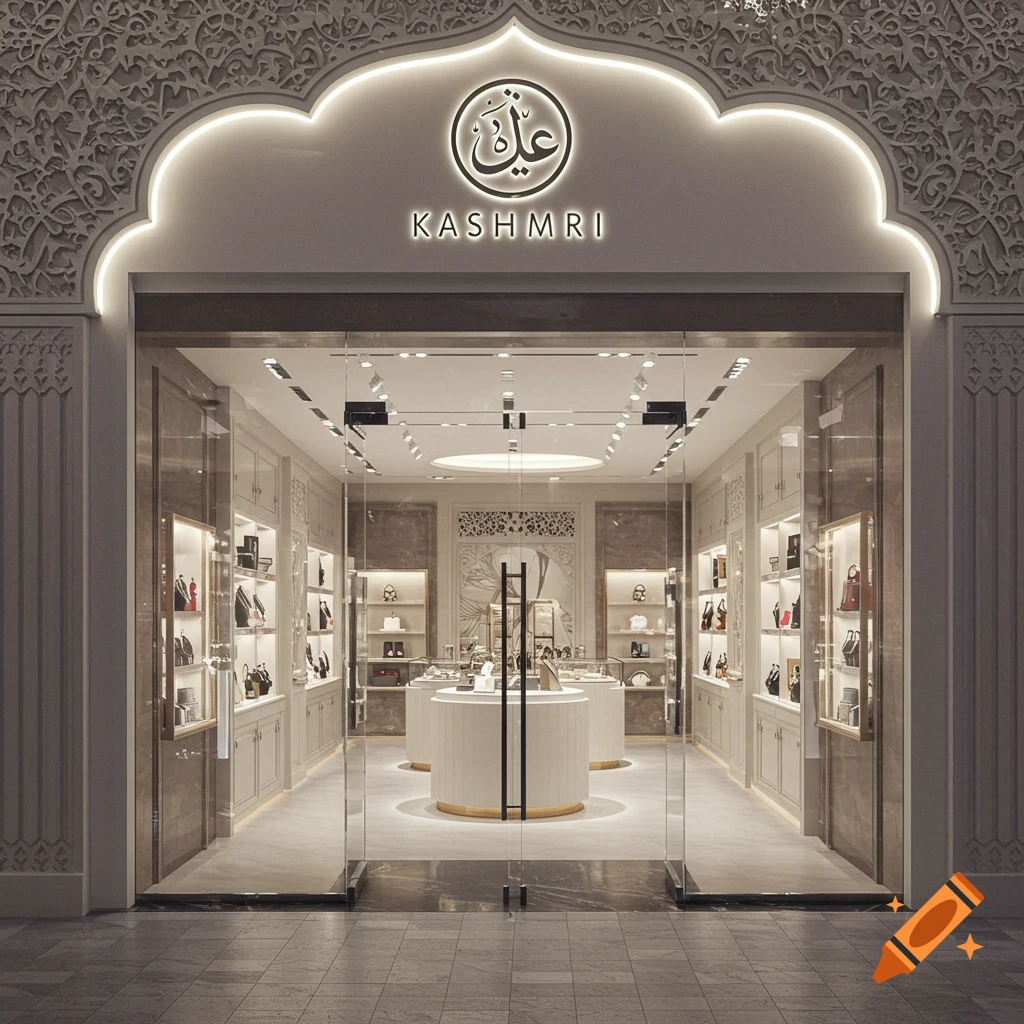 A modern store entrance with an ornate archway, featuring a glowing ...