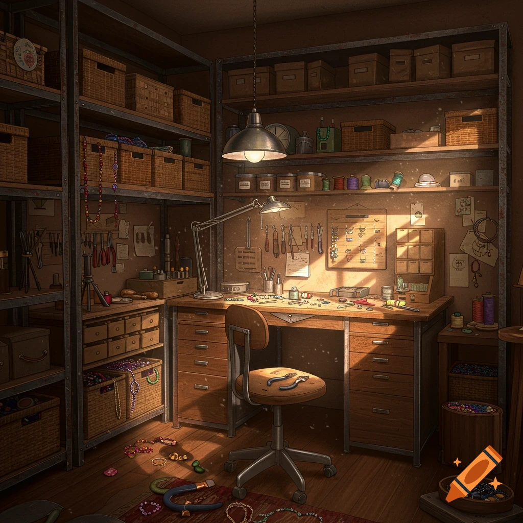 A detailed jewelry studio room with industrial shelves, storage baskets ...