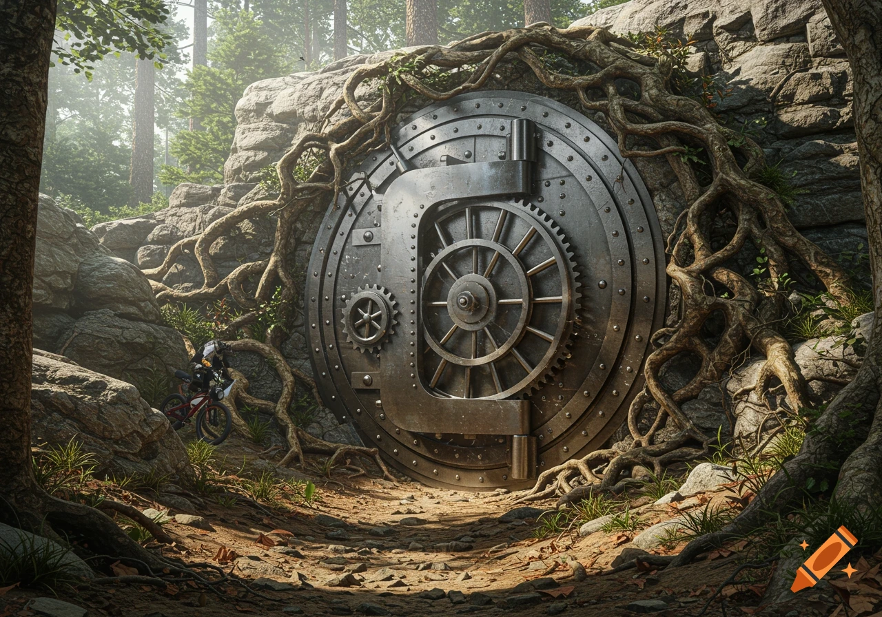 A large, metal vault door embedded in a rocky forest hillside with ...