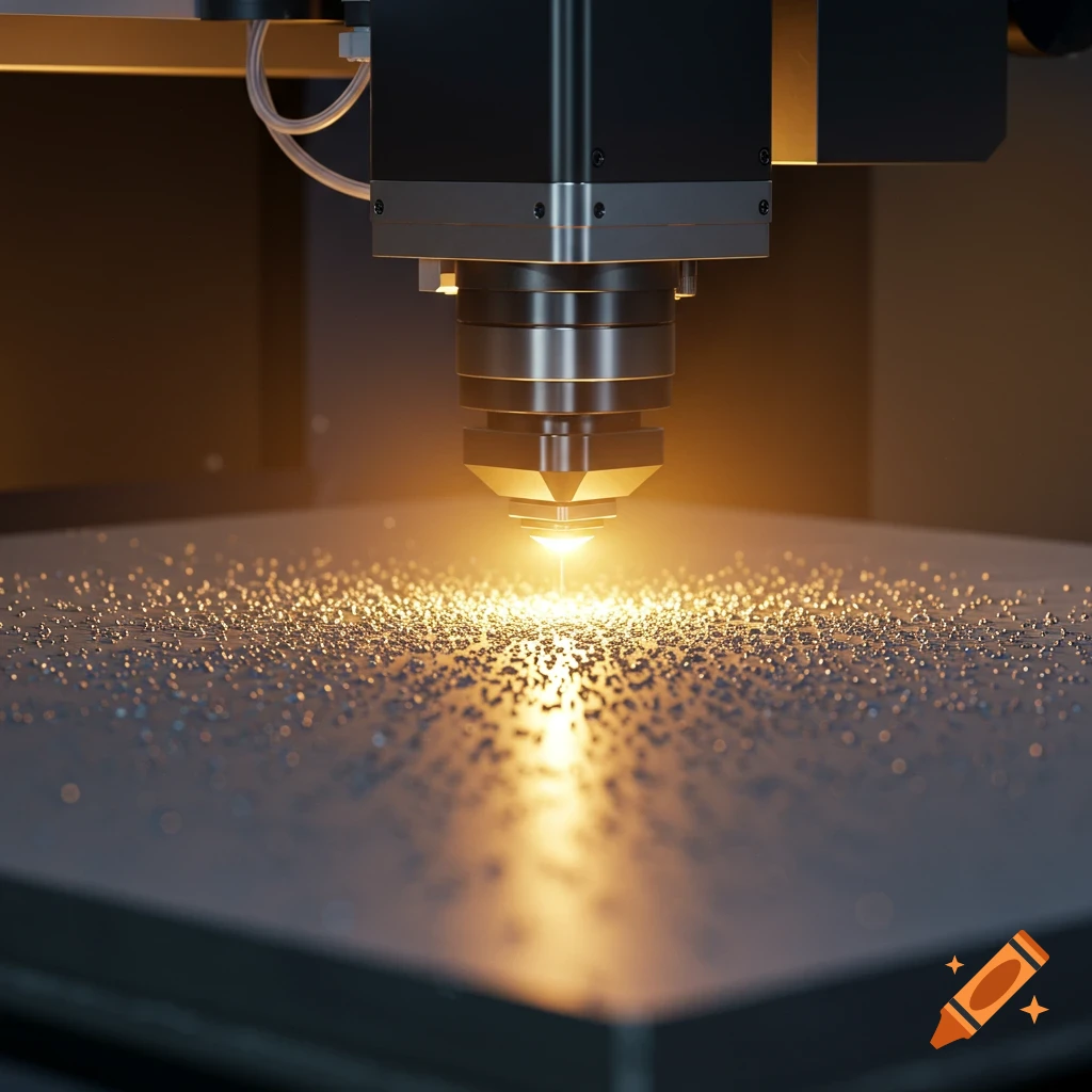 A photorealistic image of a laser scanning a bed of metallic powder ...