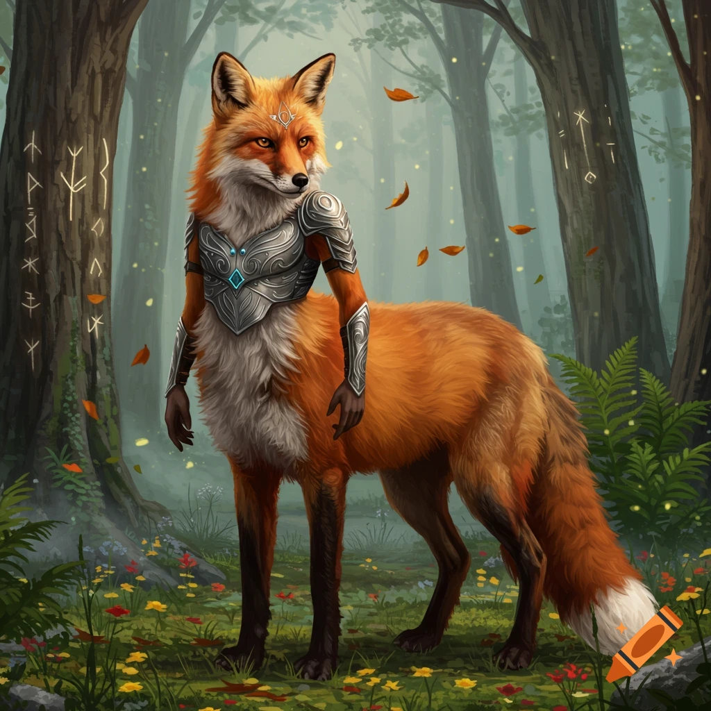 A majestic fox-like centaur, adorned in silver armor, stands in an ...